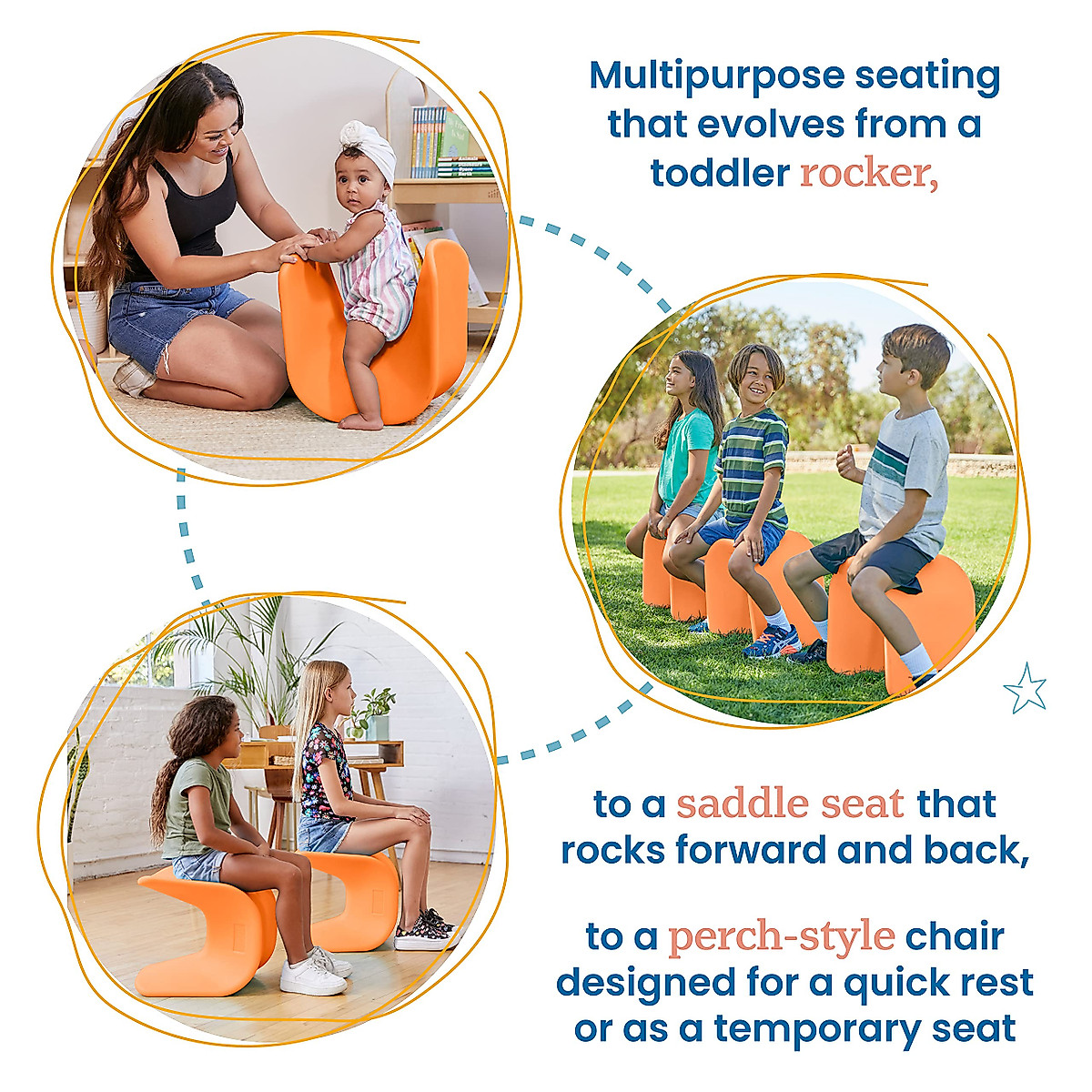 ECR4Kids Wave Seat, 14in - 15.1in Seat Height, Perch Stool, Orange, 2-Pack