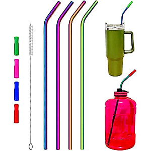 4 Pieces 14 Inch Extra Long Reusable Bent Stainless Steel Metal Straws with Silicone Tip & Cleaning Brush for Simple Modern 32oz Tumbler, Stanley 40oz Cup, TAL 64oz Water Bottle, 75 128oz Water Jug