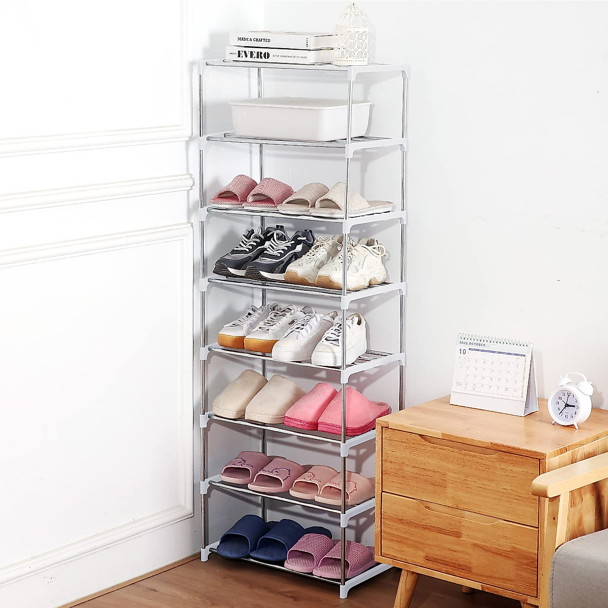 Fouews Small Shoe Rack, Narrow Stackable Shoe Shelf Organizer for Entryway, Doorway and Bedroom Closet (3-Tier, White)