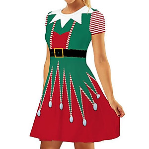 Jeweky Christmas Dress Casual Midi Dress Short Sleeve Flared Christmas Dress 3D Printed Dress Party Daily Dresses for Women and Girls (L)