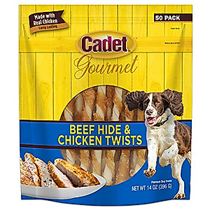 Cadet Gourmet Beef Hide & Chicken Twists Dog Treats - Healthy & Natural Rawhide & Chicken Dog Treats for Small & Large Dogs - Inspected & Tested in USA, 5 In. (50 Count)