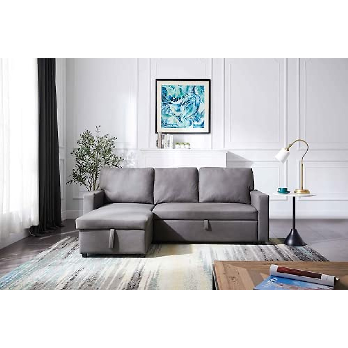 MOEO Convertible New Fabric Modern Sleeper Sectional Sofa Bed with Pull-Out Sofabed with Reversible Storage Chaise Lounge, L-Shaped 3 Seating Corner Couch for Living Room Bedroom, Graphite Grey, Gray