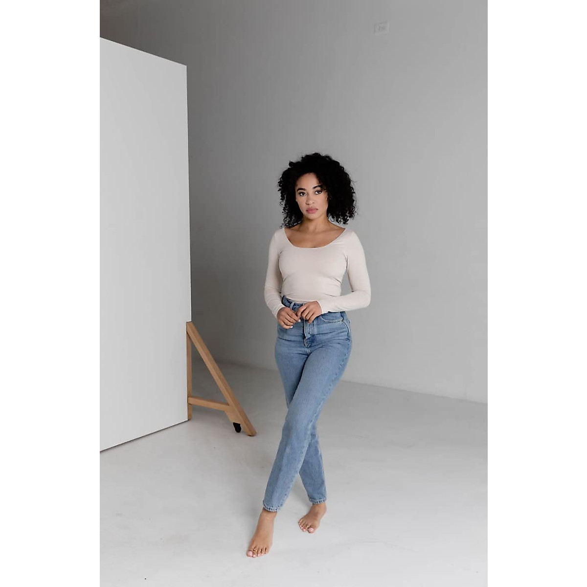 Almere Long Sleeve Top for Women, Contour Double-Lined Seamless Smooth Fabric Sleeved Basic Top, Low Neck Cut, Medium, Cream