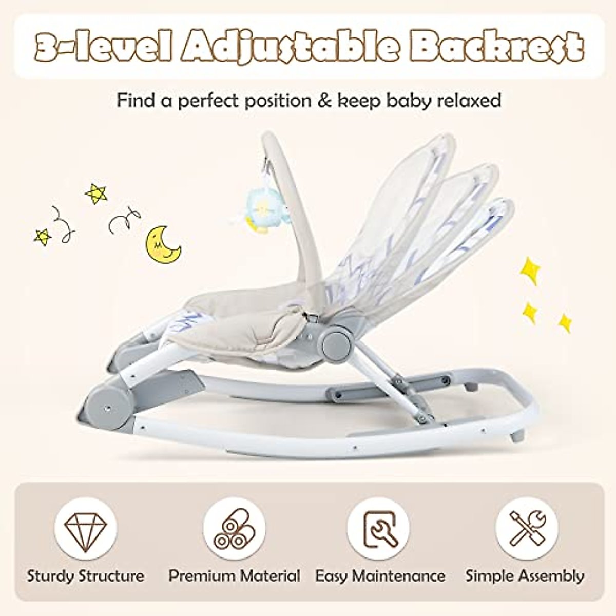 BABY JOY Baby Bouncers for Infants, 2 in 1 Foldable Toddler Bouncy Seat w/ Rocker & Stationary Modes, 3-Position Adjustable Backrest, Removable Bar, Portable Bouncer for Babies 0-6 Months (Gray)