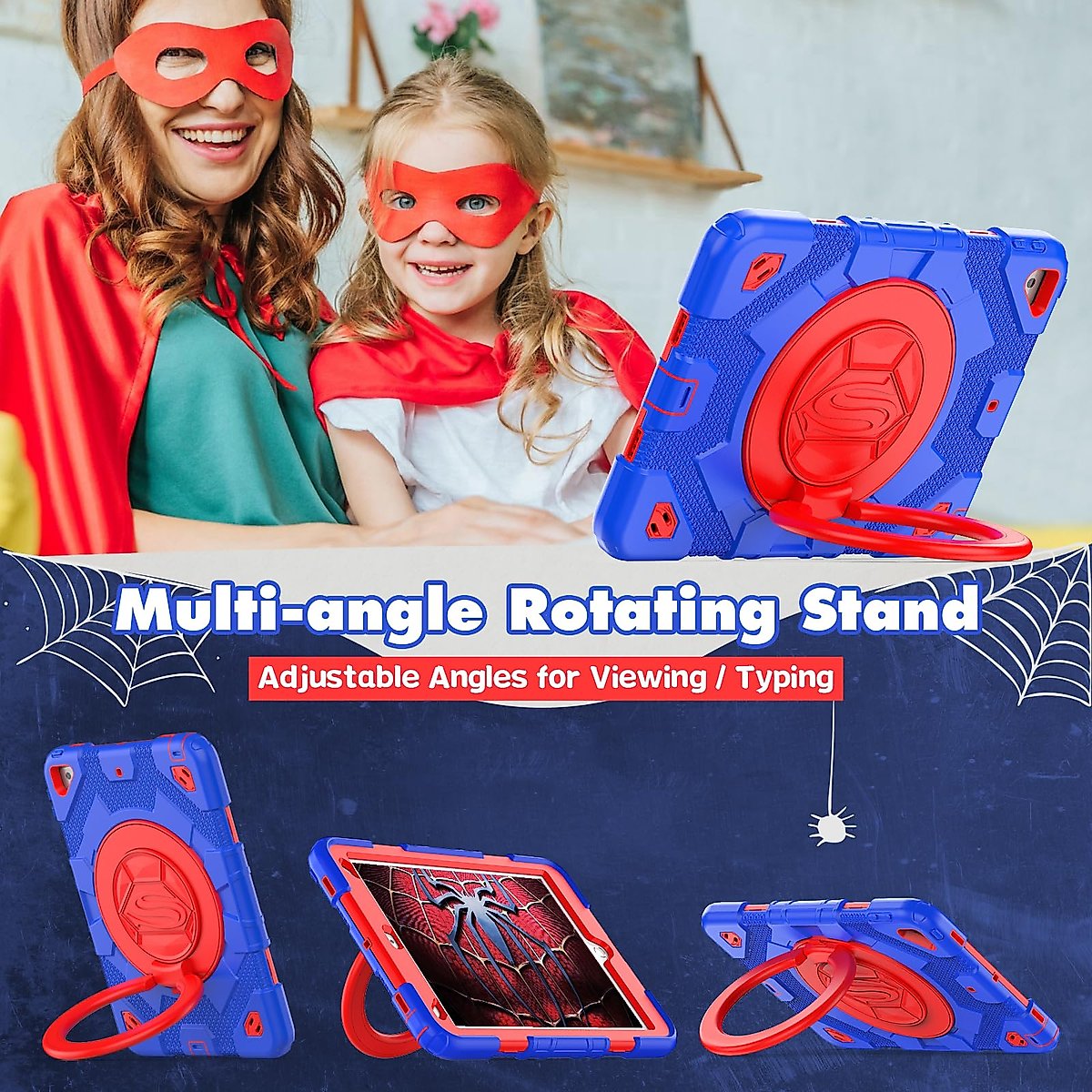 SEYMAC Kids Case for iPad 9th/ 8th/ 7th Generation Case 10.2" 2021/2020/2019, Full-Body Shockproof Heavy Duty Protective Case with Screen Protector, Rotating Stand/Handle/Shoulder Strap, Dark Blue