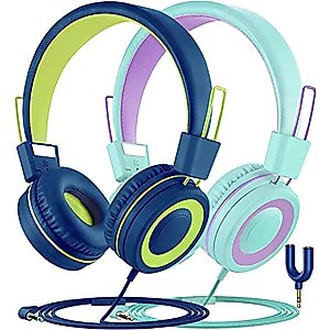 WeDuet Kids Headphones with Microphone, Wired Headphones for Kids Teens with Sharing Splitter, 91dB Safe Volume Limited Tangle-Free Foldable Stereo Headset for School Travel PC Kindle(2 Packs)