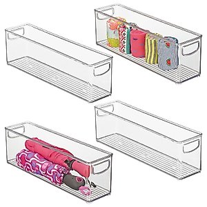 mDesign Plastic Home Closet Organizer - Basket Storage Holder Bin with Handles for Bedroom, Bathroom, Cabinet Shelves, Entryway, and Hallway - Holds Sweaters, Purses - Ligne Collection - 4 Pack, Clear