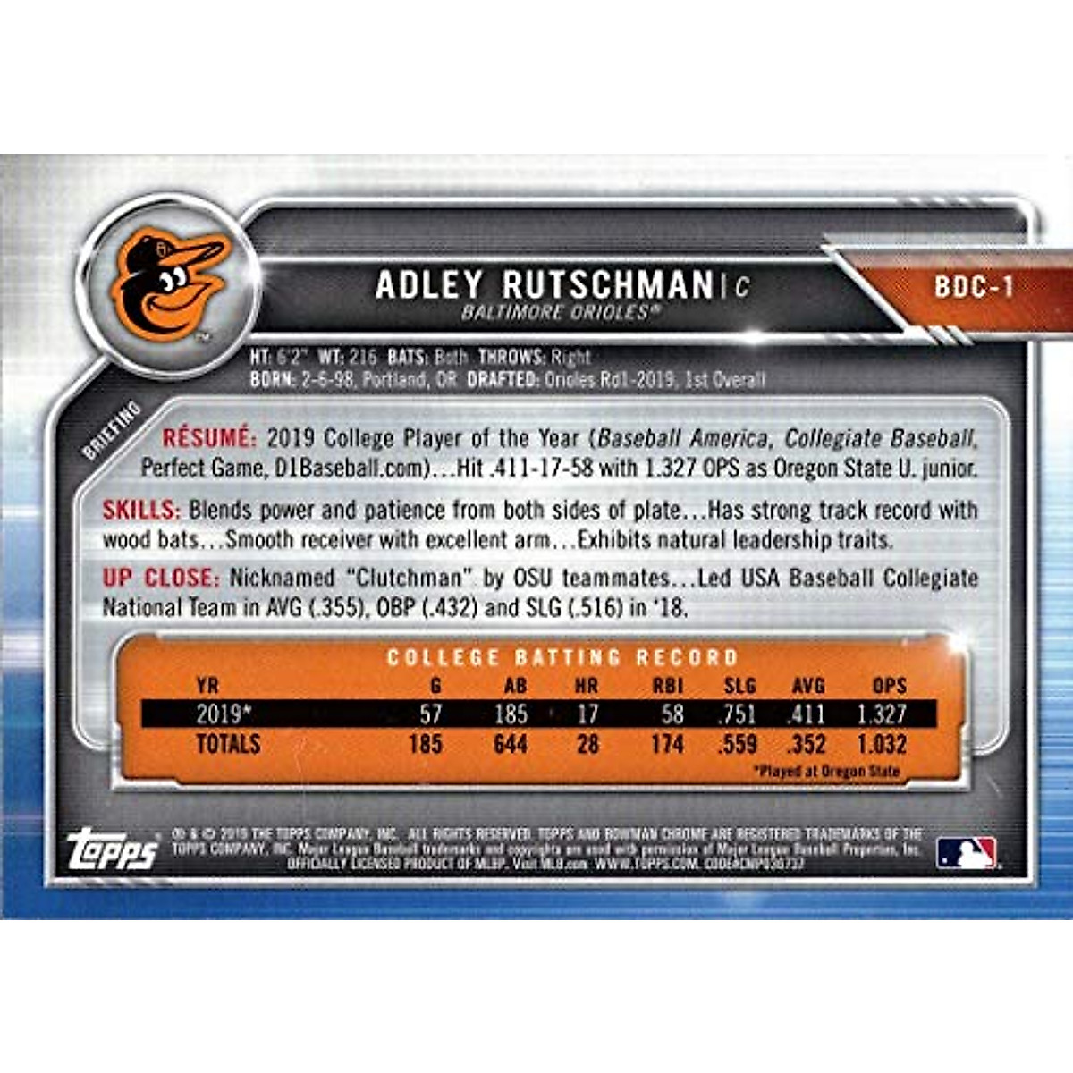 2019 Bowman Chrome Draft Picks Baseball #BDC-1 Adley Rutschman Pre-Rookie Card - 1st Bowman Chrome Card