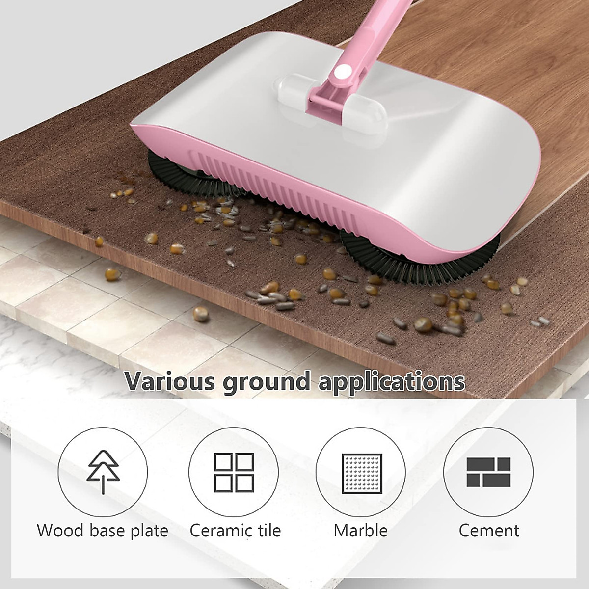 Carpet Sweeper Manual, 2 in 1 180 Degree Rotating Hand Push Sweeper, Manual Vacuum Sweeper, Sweeping Mop Crumb Sweeper for Carpet Floor Clean(Pink)
