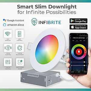 INFIBRITE 6 Inch WiFi Smart Ultra-Thin LED Ceiling Mount Recessed Light 12W 1100LM Dimmable with Junction Box, App & Voice Control, Alexa/Google Compatible, ETL & Energy Star, Wet Rated (6 Pack)