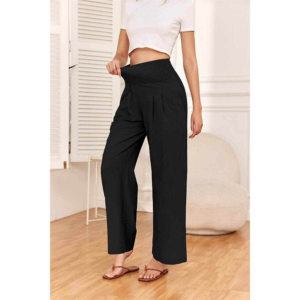 REDMORE High Waisted Wide Leg Pants for Women Summer Beach Boho Cotton Linen Palazzo Pants Casual Flowy Trousers with Pockets Black