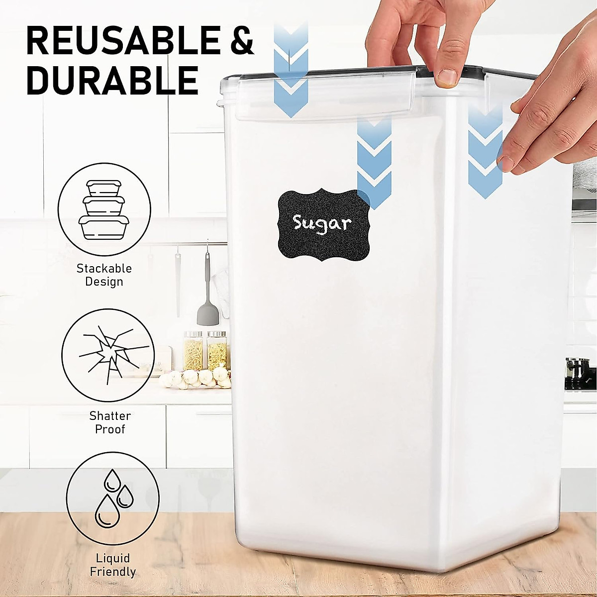 XXL 7 qt / 6.5 L / 220 Oz Food Storage Airtight Pantry Containers [Set of 2] WIDE & DEEP + FREE 2 Measuring Cup + Ideal for Sugar, Flour - Clear Plastic - Leakproof - BPA Free - Grey