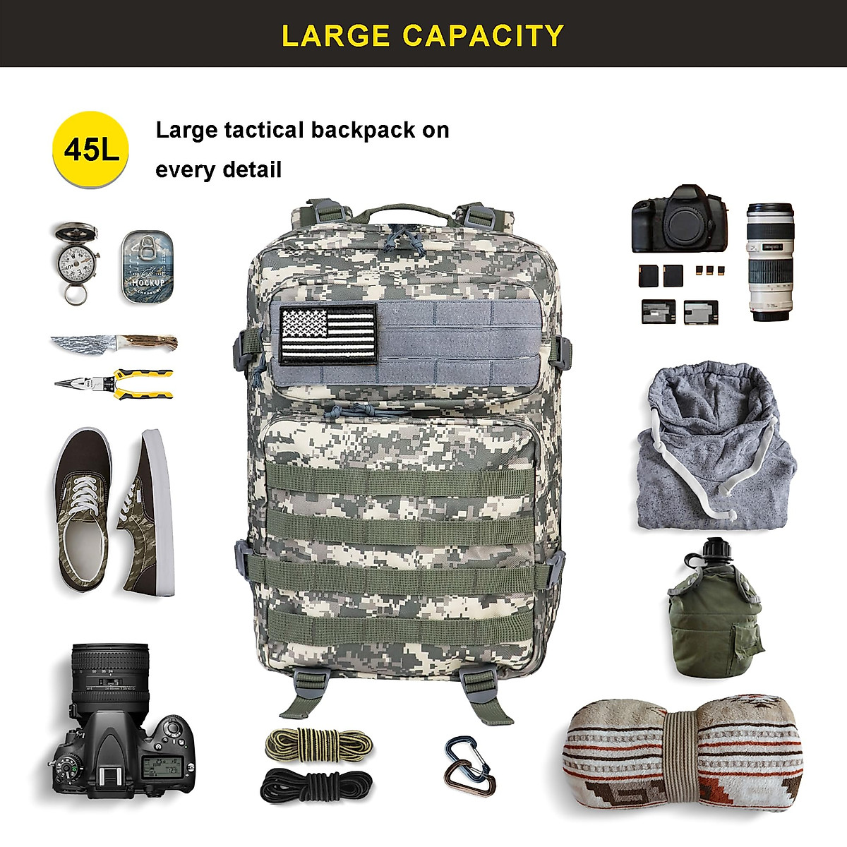 Zavothy Camo Backpack Tactical Military Backpack for Men Women 45L Camping Backpack Army Backpack for Hiking Rucksack With Bottle Holder
