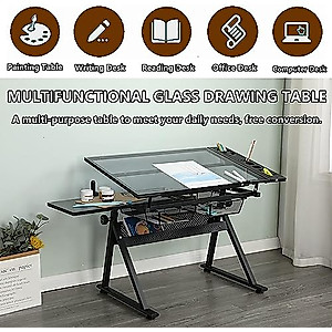 Drafting Printing Table with Chair & Storage Drawer,Tempered Glass Professhional, Adjustable Extended & Storage Cabinet, for Office School, Black