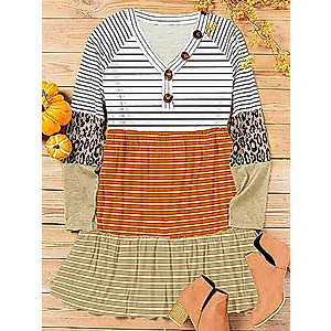 Women Casual Long Sleeve Tunic Dress Cute Button V Neck Swing Babydoll Flowy Tiered Mini Ruffles Dresses Loose Leopard Striped Color Block