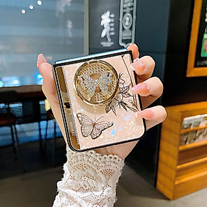 AMAZFCCY Galaxy Z Flip5 Kickstand Case,Cute Bling Butterfly Floral Elegant Luxury Rhinestone Diamond Shockproof Soft TPU Bumper Cover for Girls Women for Samsung Galaxy Z Flip 5 2023 (Rose Gold)