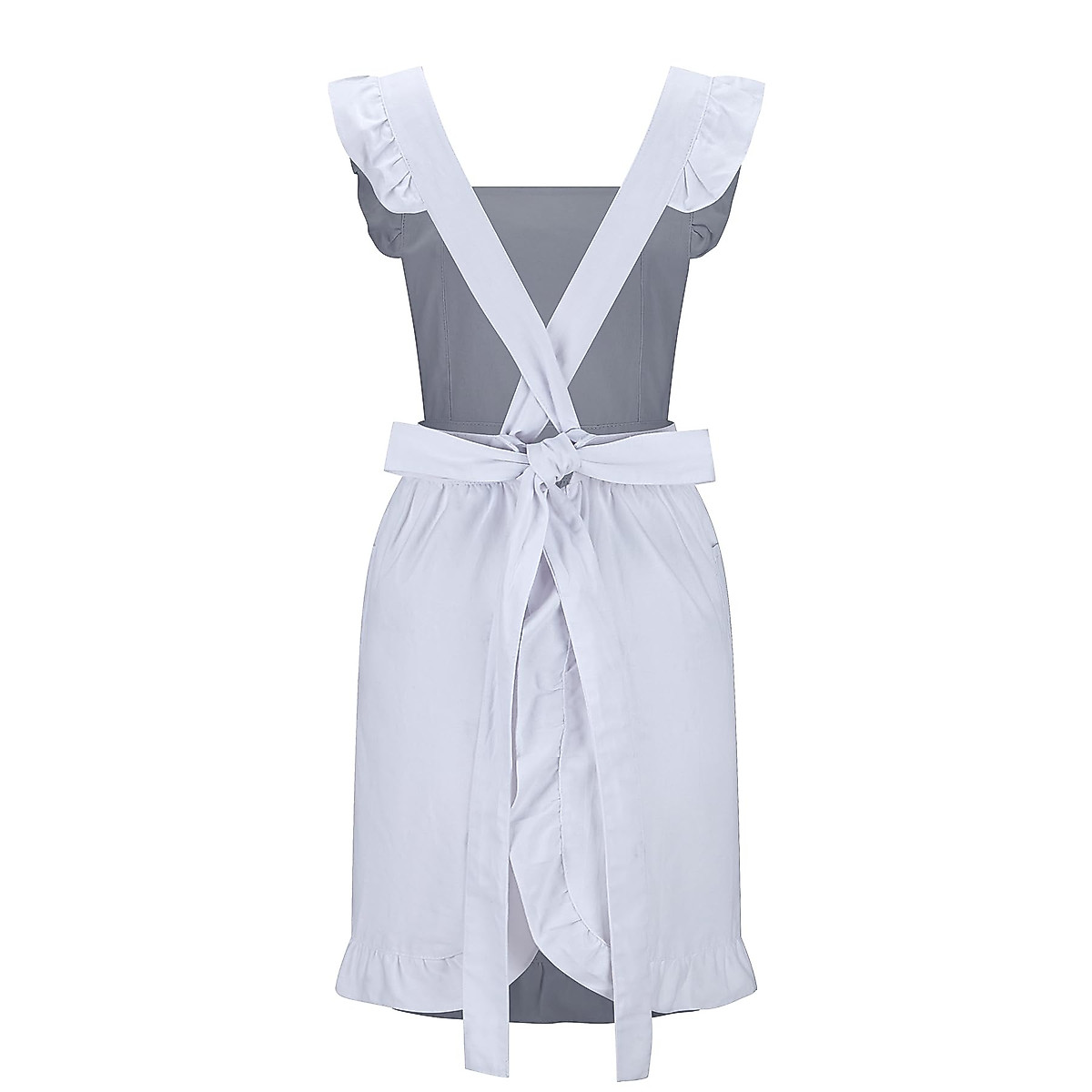 Hyzrz Cute Retro Adjustable Ruffle Aprons with Pockets for Women Girls Vintage Cross Back Pinafore Dress Maid Costume Apron Small to Plus Size (Adjustable, White)