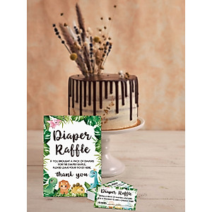 Diaper Raffle Baby Shower Game Set(1 Standing Sign + 50 Guessing Cards), Dinosaur Theme Diaper Raffle Tickets for Baby Shower, Safari Jungle Baby Shower Party Favor Decor - A19
