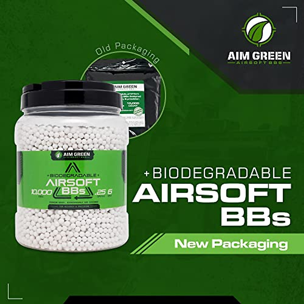Aim Green Biodegradable Airsoft BBS, Premium-Grade 6mm Airsoft BBS, 0.25 Grams, 10,000 Count