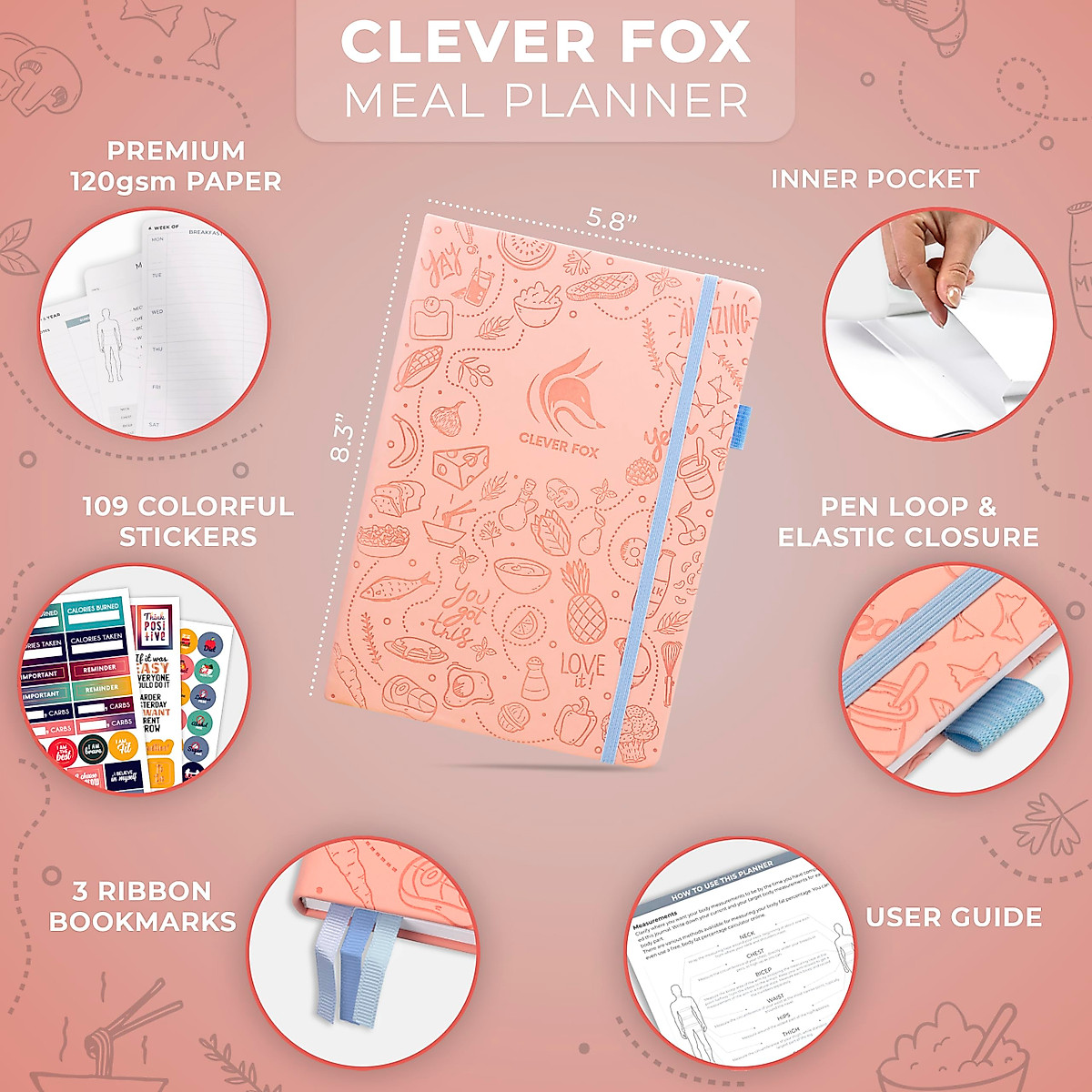 Clever Fox Weekly Meal Planner - Weekly & Daily Meal Prep Journal with Shopping and Grocery Lists for Menu Planning, Healthy Diet & Weight Loss Tracking, Lasts 1 Year, Undated, A5 - Light Pink