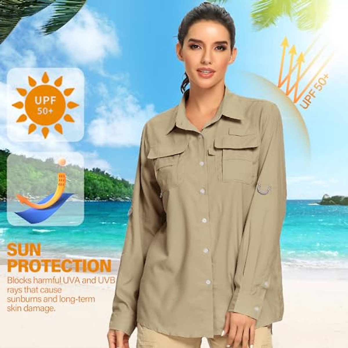 linlon Women's UPF Long Sleeve Fishing Shirts Button Up Hiking Safari Shirts Sun Protection and Quick Dry,Khaki,M