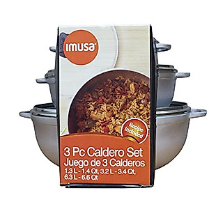 IMUSA USA Traditional Colombian Natural Caldero Glass Lid & Steam Vent 3-Piece (1.4/3.4/6.6) Quart, Silver (Dutch Oven Set)