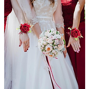 YSOJMAN Corsage and Boutonniere Set for Groom Bride Groomsmen Bridesmaids Wedding Party Prom, Artificial Roses Flower Boutonniere for Men Wedding Mother Grandmother for Bridal Shower Prom (Burgundy)