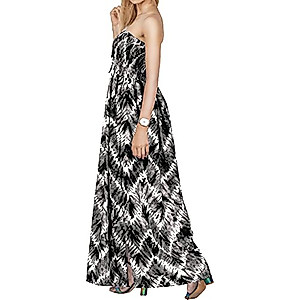 LA LEELA Women's Boho A line Slit Maxi Dress Smocked Top Evening Long Strapless Tube Dresses for Women One Size Kohl, Zig Zag