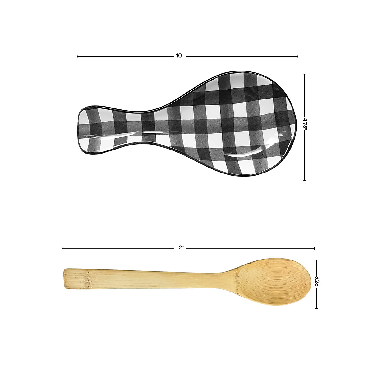 YLF Collections Buffalo Plaid Spoon Rest & Spoon Set, Large Black & White Spoon Rest with Bamboo Spoon, 10.25x4.9x1