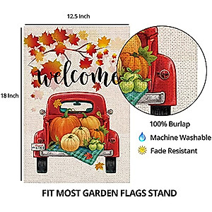 Thanksgiving Fall Welcome Garden Flags for Outside,Truck with Pumpkins Maple Leaves,Harvest Decorative Farmhouse Flag for Patch,12.5 x 18 Inch Double Sided,Small Thanksgiving Yard Flags for Autumn Outdoor Decor