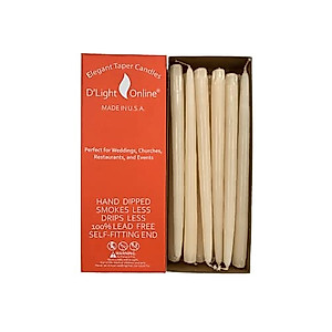 D'light Online 10" Elegant Cream Ivory Taper Premium Quality Candles, Hand-Dipped, Dripless, Smokeless and Unwrapped Bulk Pack for Events - Set of 12 (10 Inch, Ivory)