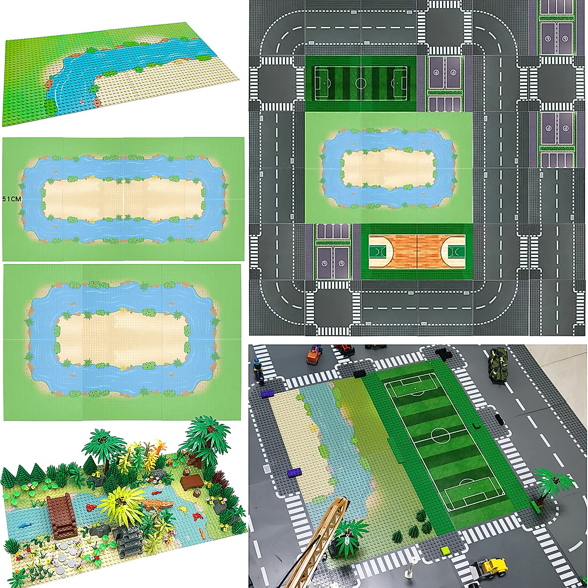 TACYILLU 6 Pack Grassland Rivers Pattern Baseplate 10" x 10" - Building Brick Base Plate Tight Fit with Major Brands for City Roads Building Blocks Kids Toy (2 Straight + 4 Curve)