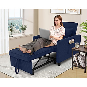 SEJOV Sleeper Chair, 4-in-1 Convertible Sleeper Sofa Bed with Adjustable Backrest, Corduroy Pull Out Chair Bed Single Recliner for Living Room, Bedroom, Apartment, Office, Small Space, Navy Blue