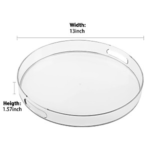 MAONAME Clear Round Serving Tray with Handles, 13" Plastic Clear Tray, Round Decorative Tray for Coffee Table, Ottoman, Bathroom, Vanity