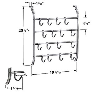 Lynk® Over Door or Wall Mount 16 Hook Rack - Shirt, Belt, Hat, Coat, Towel, Purse, Bra Organizer - Platinum