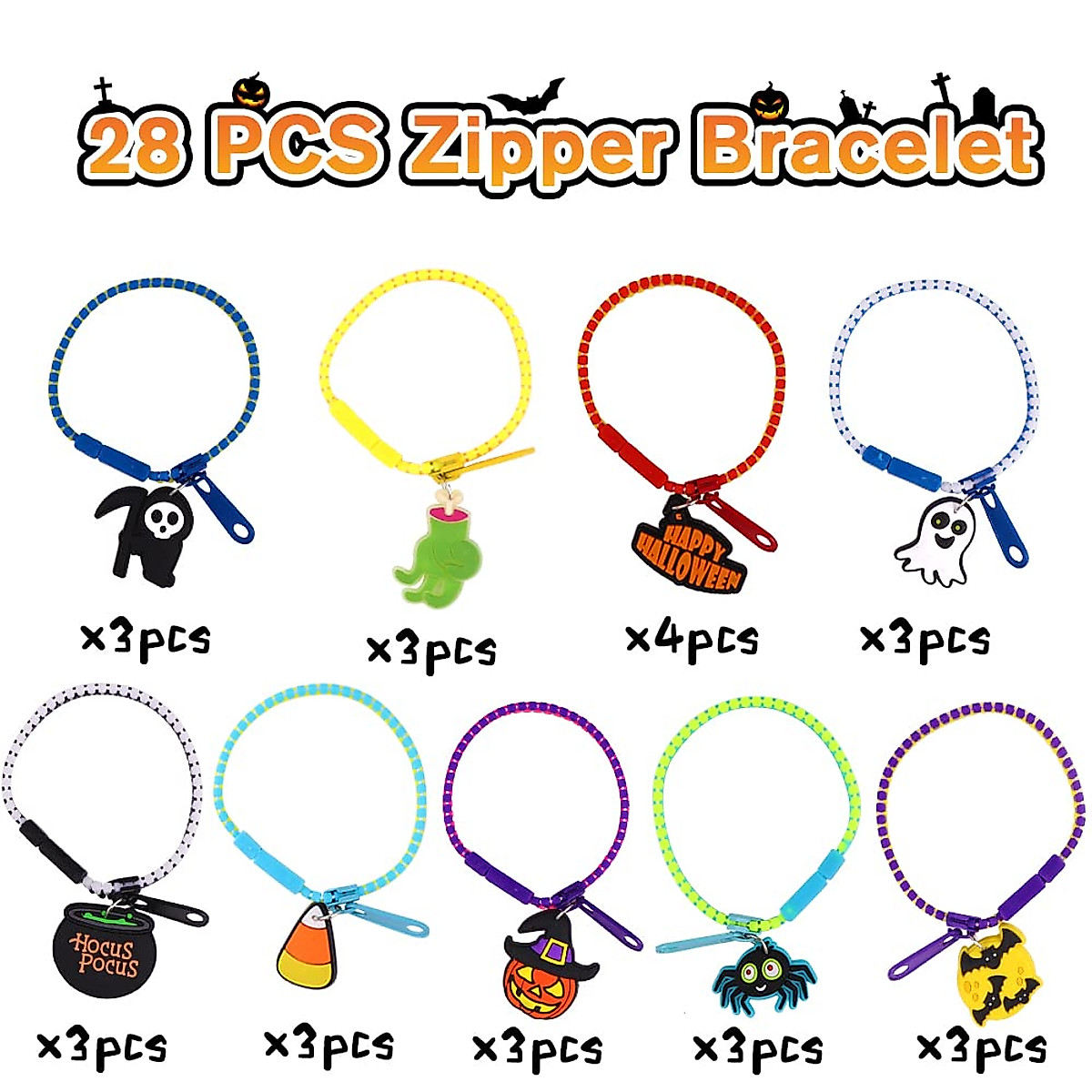 YUJUN 28PCS Halloween Zipper Bracelets for Kids,Halloween party favor Fidget Zipper Wristbands Bulk Trick or Treat Gifts Prizes Giveaways Candy Goodie Bag Stuffers and Kids Halloween Party Supplies