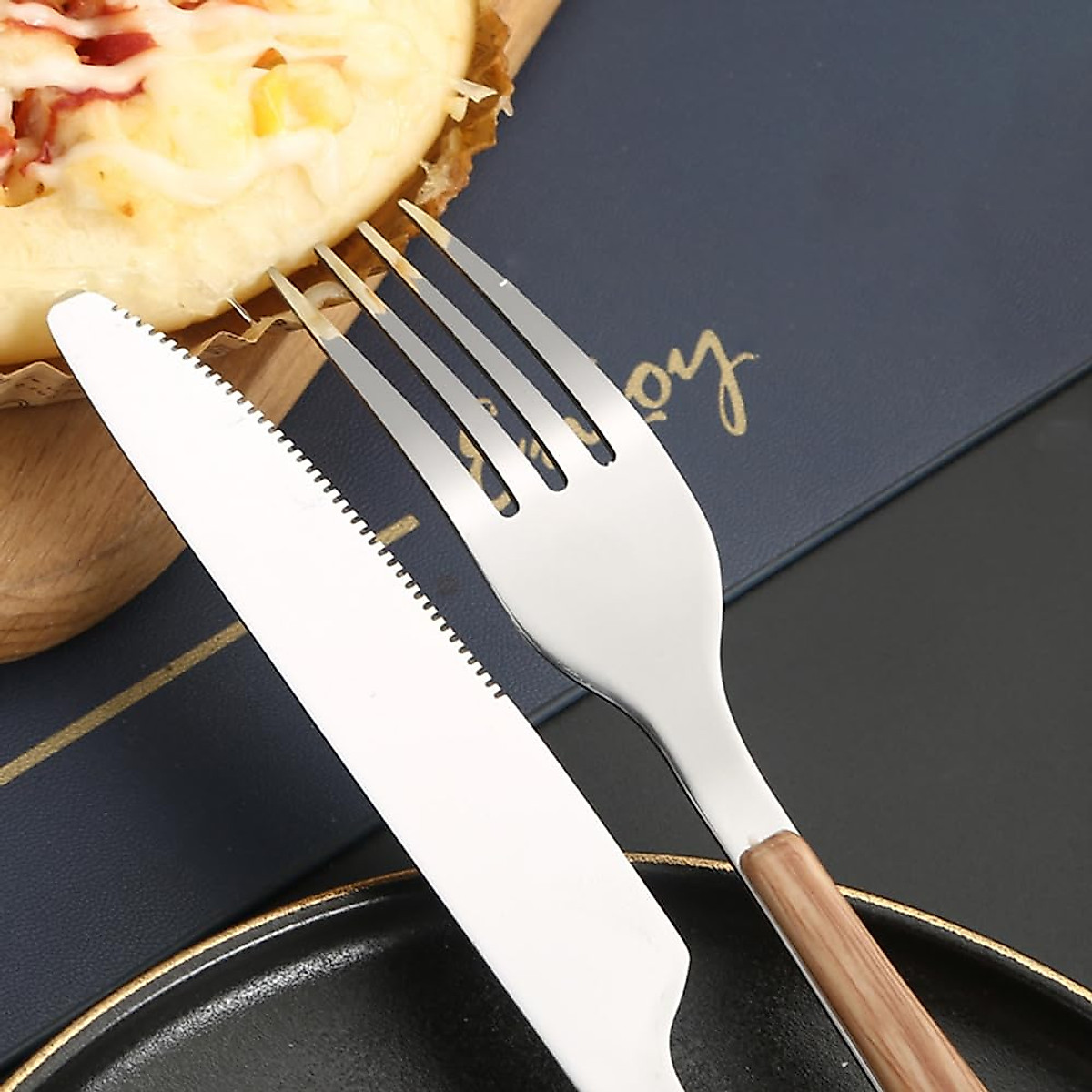 Aimilan 48 Piece Silverware Set for 12, Imitation Wooden Handle Flatware Cutlery Set for Home Kitchen Restaurant, Mirror Finish, Dishwasher Safe (48-Piece for 12)