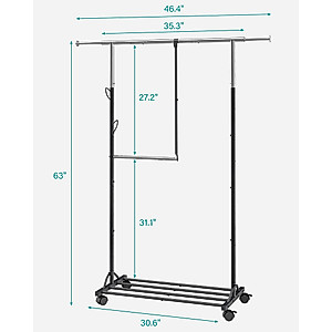 FAVOOSTY Clothing rack adjustable for kids, Heavy Duty Double Rod Design,Garment Rack Rolling, Clothes Organizer on Wheels, Clothes Rack Hanging Dismantle, Extra Space, Pants Scarves Dress Suits Black