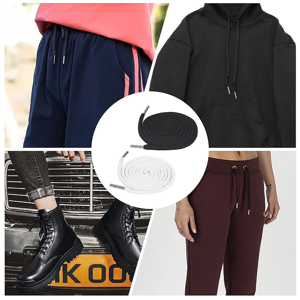 10 Pieces Drawstring Cords with Easy Threaders, Hoodie String Replacement with Pink Flexible Drawstring Threaders for Pants Sweatpants Hoodies Jackets Shoes (5 Black & 5 White)