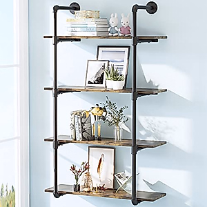 Gezen Industrial Pipe Shelving Metal Floating Shelves, Rustic Wood Ladder Bookshelf Wall Mounted Shelf Storage Bookcase for Living Room, Kitchen, Bathroom (4 Tier)