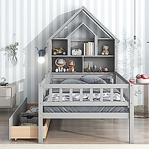 OPTOUGH Twin Size House-Shaped Storage Headboard Bed,Wooden Bedframe with Full Length Fence Guardrails and Drawers for Kids Teens,No Spring Box Needed,Gray