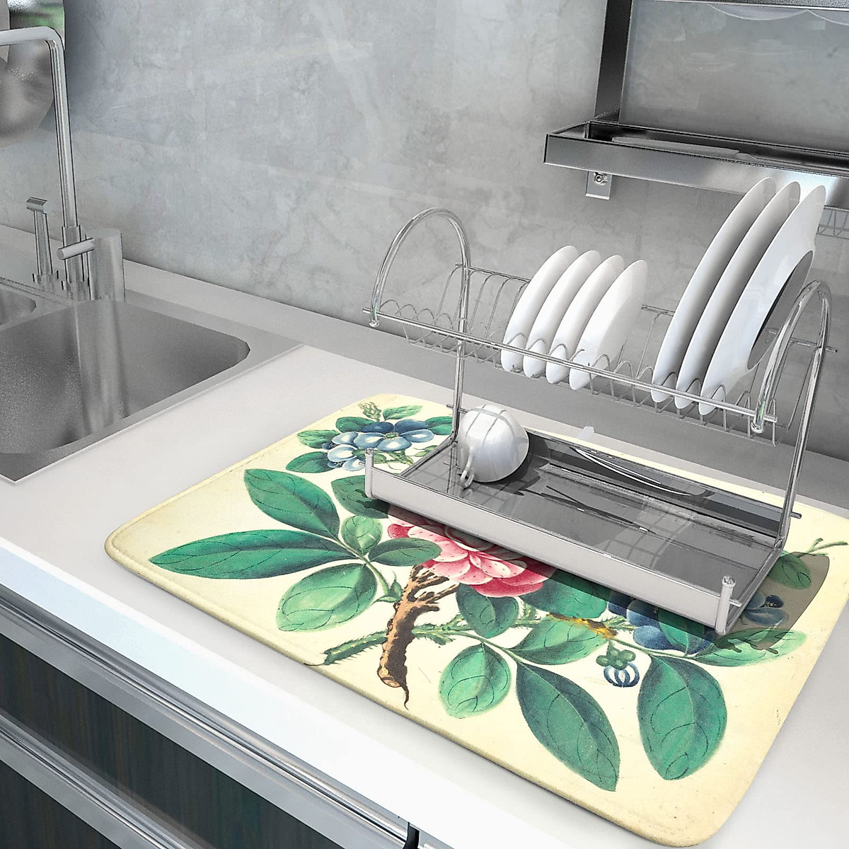 Beautiful Butterfly Flowers Dish Drying Mat Harmonious Nature Design Draining Mats Ultra Absorbent Microfiber Dish Rack Machine Washable and Super Fast Drying Pad for Kitchen Counter