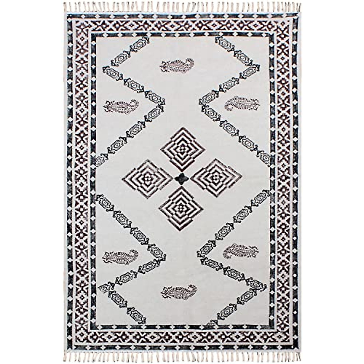 Casavani Hand Block Printed Rug Geometric Brown & Black Tassel Rug Easy Care Washable Rugs for Doormat Entryway Living Room Bedroom Hallway Balcony 9x15 Feet