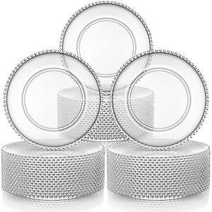50 Pieces Clear Charger Plates Bulk 13 Inch Plastic Round Dinner Plate with Beaded Rim Acrylic Embossed Dinner Chargers Decorative Plates for Home Kitchen Party Wedding Events Dinner Tabletop Decor