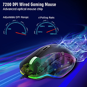Gaming Mouse Wired, 6 Programmable Buttons, 7 Mode RGB Backlit, 200-7200 DPI Adjustable, High-Performance Gaming Mouse PC Laptop Mac Computer Gaming Mice, Black