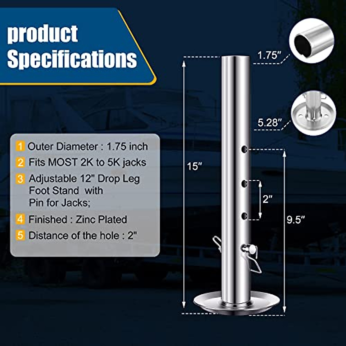 Trailer Jack Base Feet 2 Pcs Adjustable Jack Stand Drop Leg Fit Inner Diameter 2 Inch Jacks Foot Pad Insert RV Camper Accessories