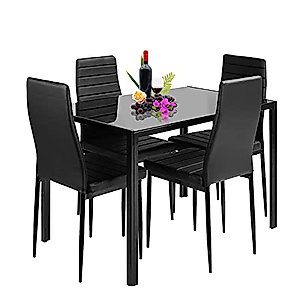 Henf 5-Piece Kitchen Dining Table Set W/Glass Tabletop, 4 PU Leather Chairs Glass Dining Set for Home Kitchen Dining Room Breakfast Furniture, Black