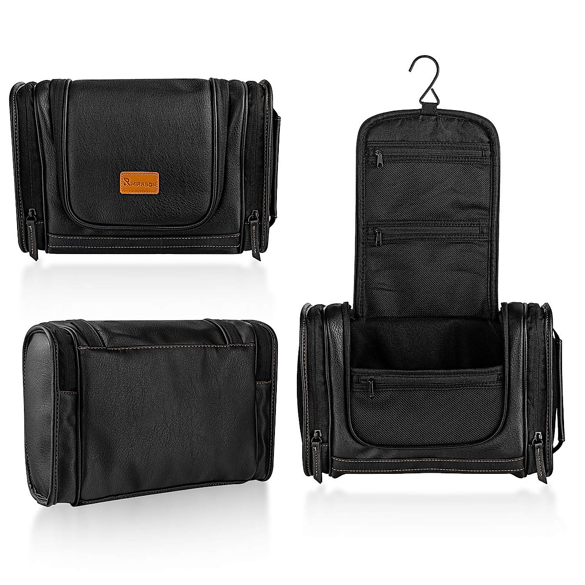 MIRASON Hanging Toiletry Bag for Men Dopp Kit Waterproof Leather Travel Organizer with Sturdy Metal Hook and Handle for Bathroom Shower Cosmetics Camping Brushes Shaving (Black)