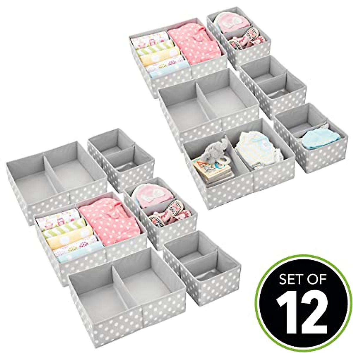 mDesign Fabric Drawer Organizer Bins, Kids/Baby Nursery Dresser, Closet, Shelf, Playroom Organization, Hold Clothes, Toys, Diapers, Bibs, Blankets, Set of 2, 6 Pack, Gray/White Polka Dot