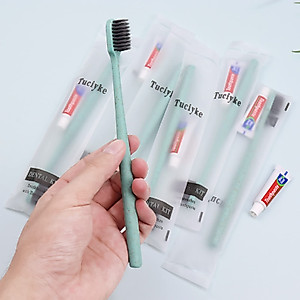Tuciyke Disposable Toothbrush with Toothpaste Set Pack of 25,Straw Green Individually Wrapped Manual Travel Toothbrush Kit in Bulk Toiletries for Adults,Kids,Hotel,Homeless,Nursing Home,Charity